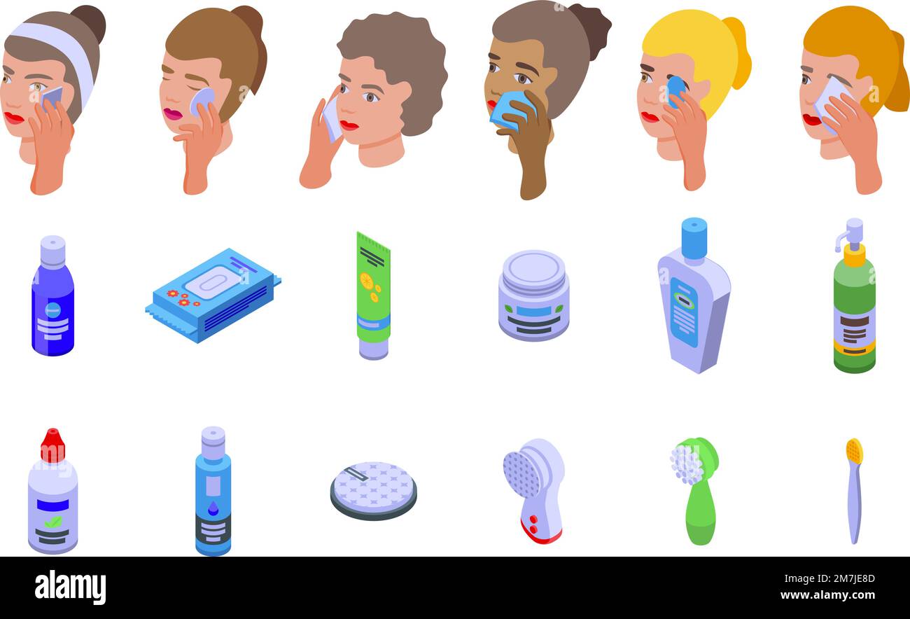 Make-up removal icons set isometric vector. Face beauty remove. Sponge ...