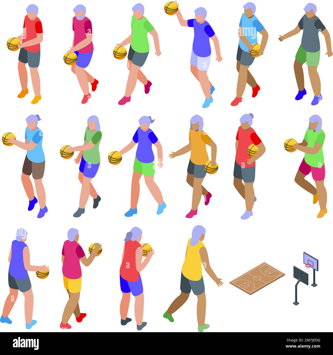 Older people play basketball icons set isometric vector. Old man sport ...