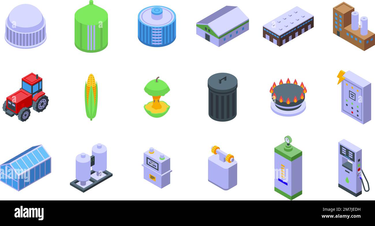 Biogas icons set isometric vector. Biomass energy. Bio plant Stock ...