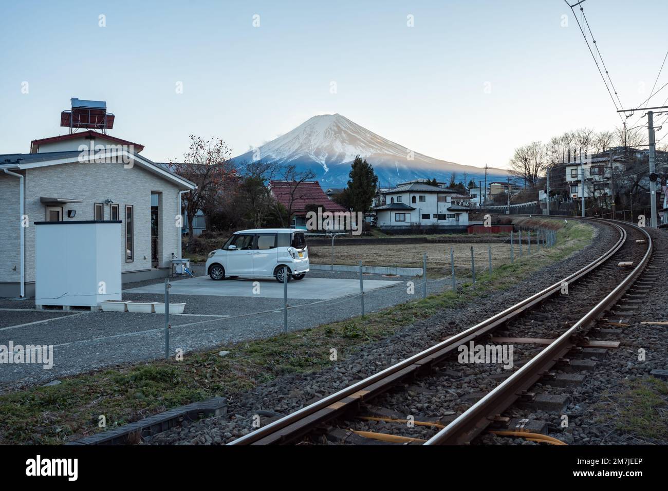 Railway tracks running through Mt. Fuji in the countryside Stock Photo ...