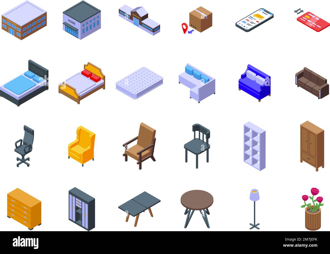 Furniture store icons set isometric vector. Home house. Wood table ...