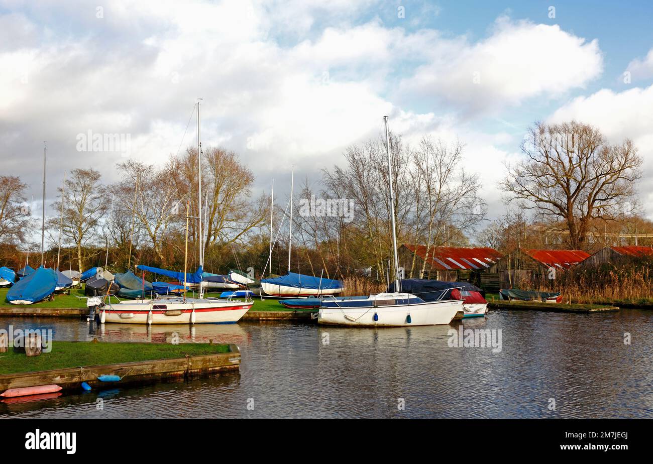 A view of boats moored and out of water in winter at the Staithe by ...