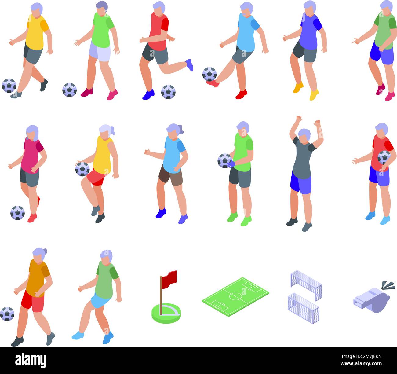 Elderly people play soccer icons set isometric vector. Soccer sport ...