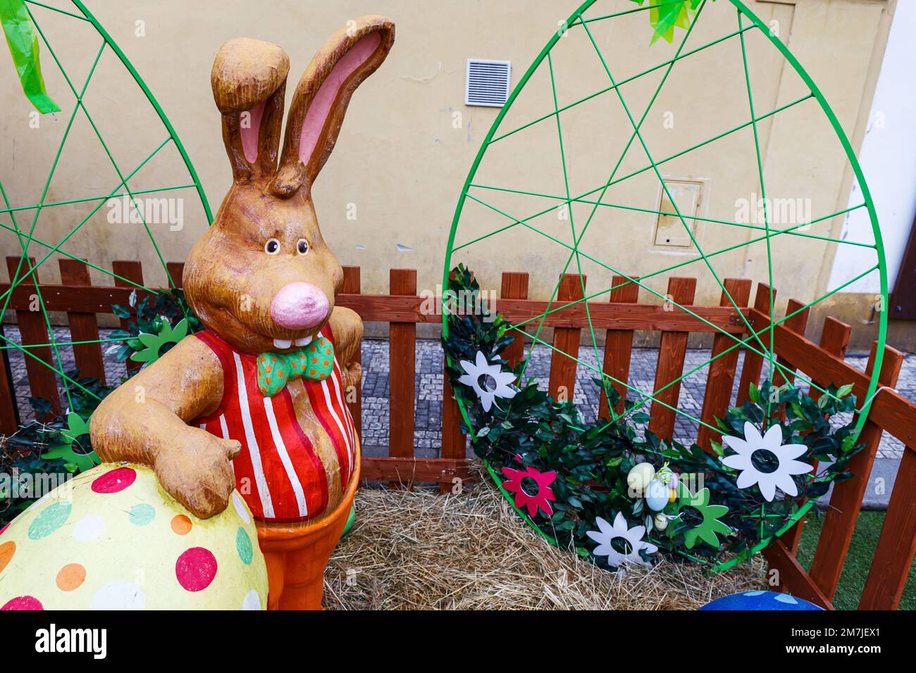 Festive sculpture of the Easter bunny on the street of Prague Stock ...