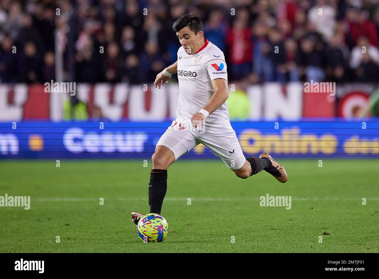 Seville, Spain. 08th, January 2023. Marcos Acuna (19) of Sevilla FC ...