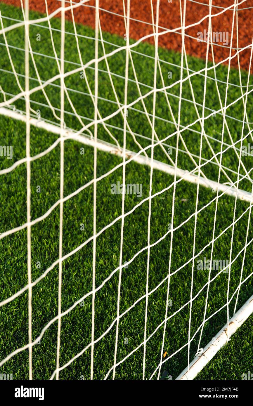 Close up shot of goal post with goal netting and goal line Stock Photo ...