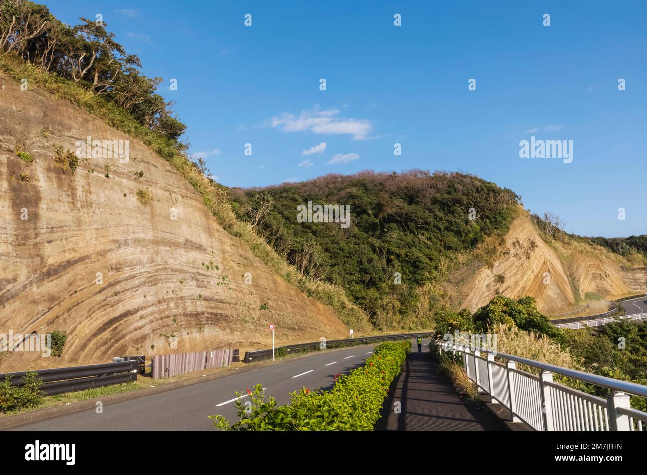 Japan, Honshu, Izu-Oshima Island, Road and Stratum Section of Cliffs ...