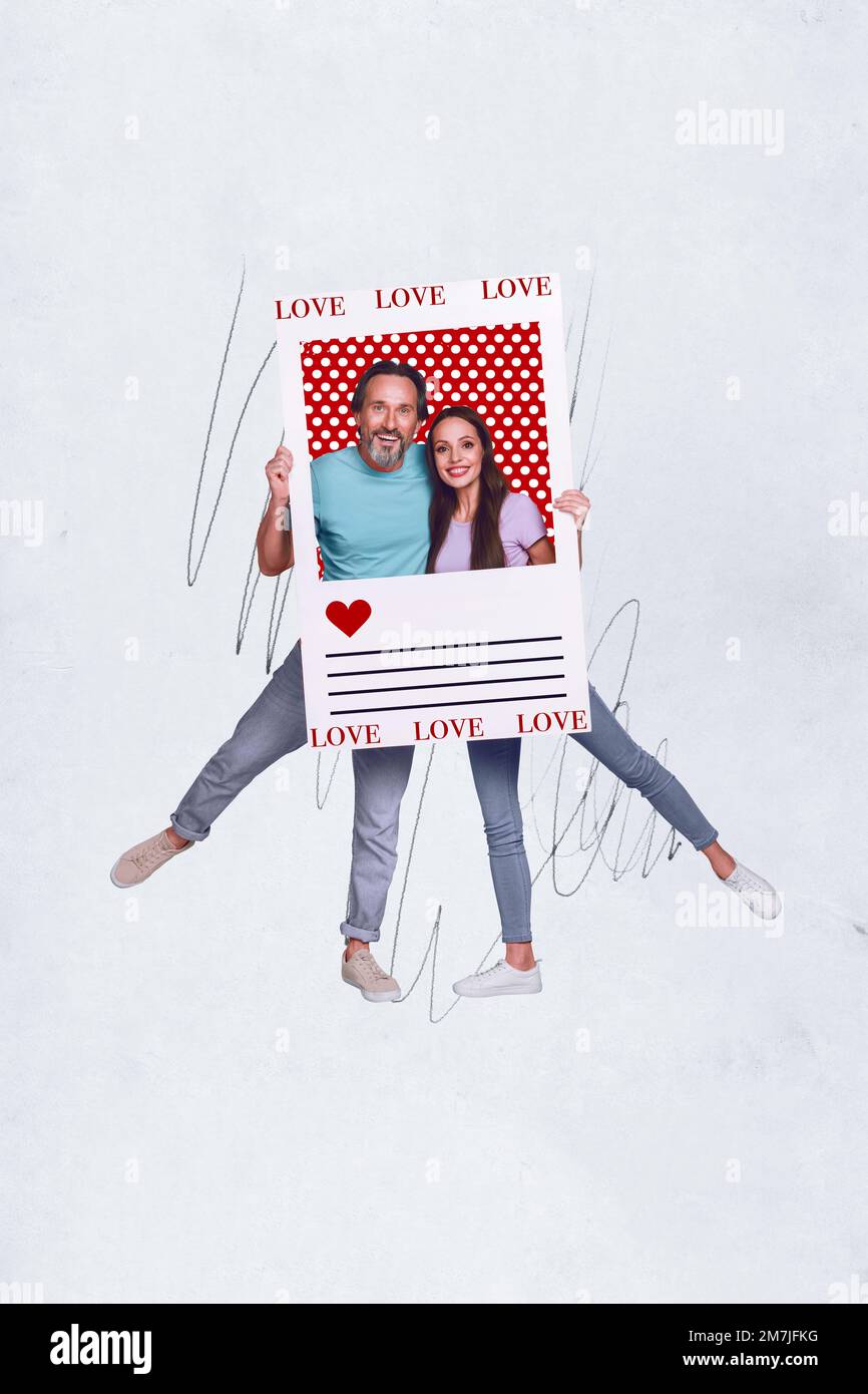Vertical collage promo poster of love story couple hold paper frame ...