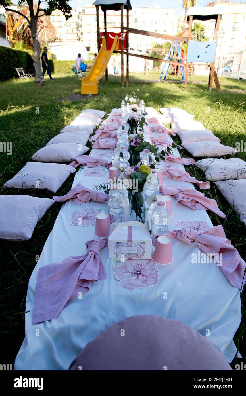 scenographic material for a party with a breakfast on the lawn theme Stock Photo - Alamy