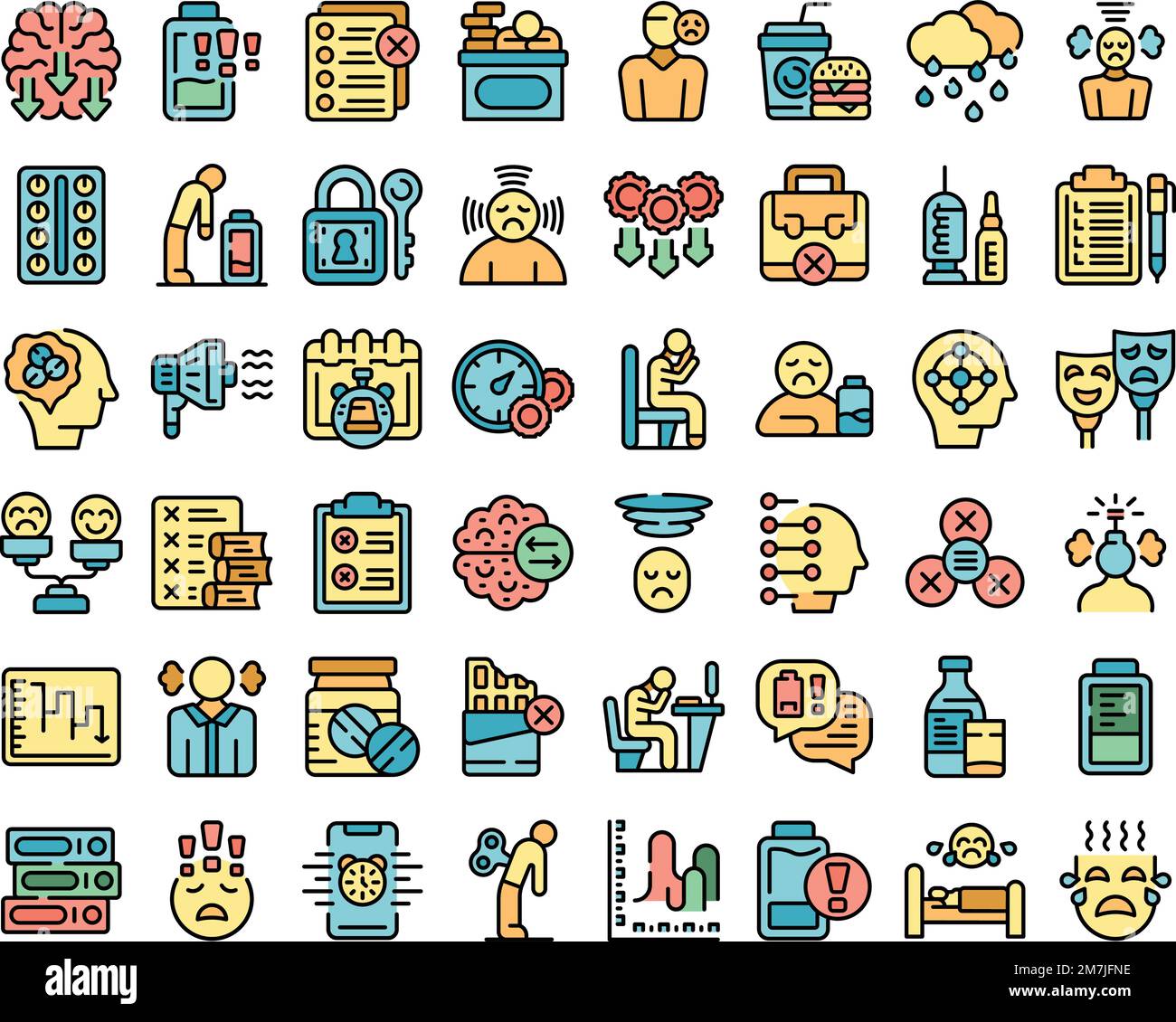 Burnout icons set outline vector. Stress mental. Work fatigue color ...