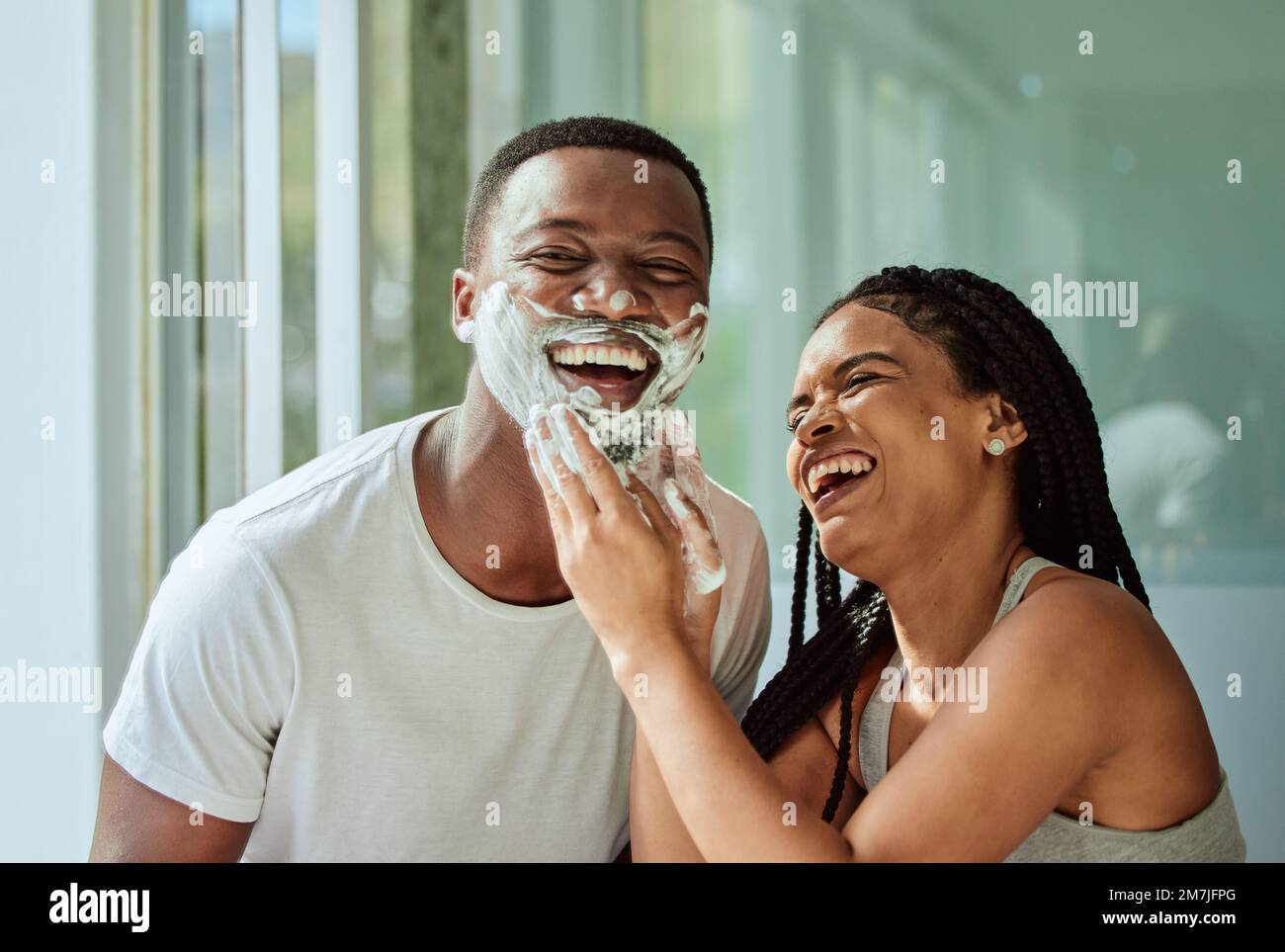 Skincare wellness, happy couple in bathroom and shaving face with ...