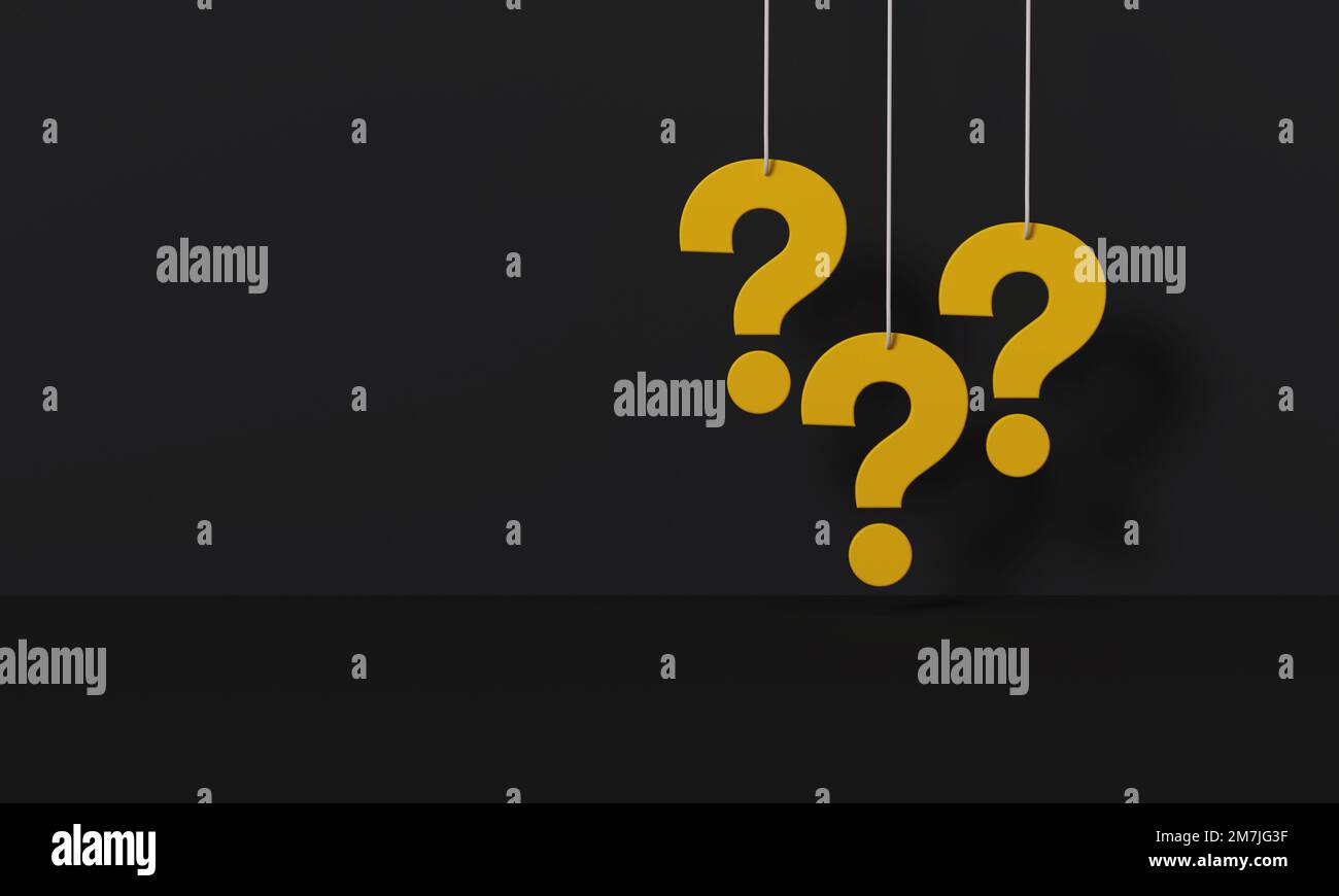 Three question marks yellow hanging on black wall background. 3D rendering Stock Photo - Alamy