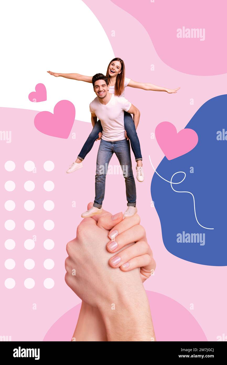 Photo creative collage of flying hands wings girl piggyback on her ...