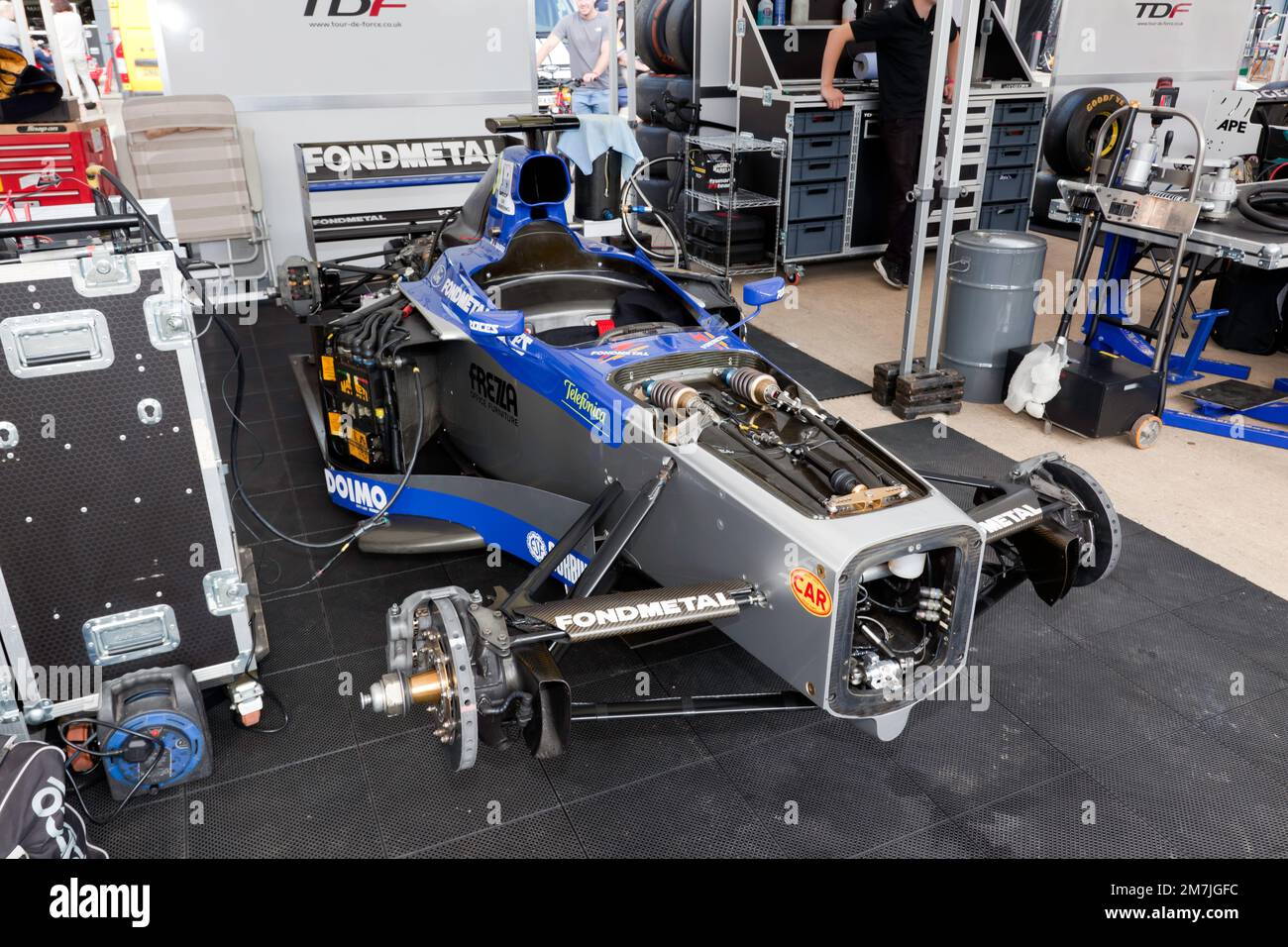 View of the stripped-down monocoque chassis of the Minardi M01 driven ...