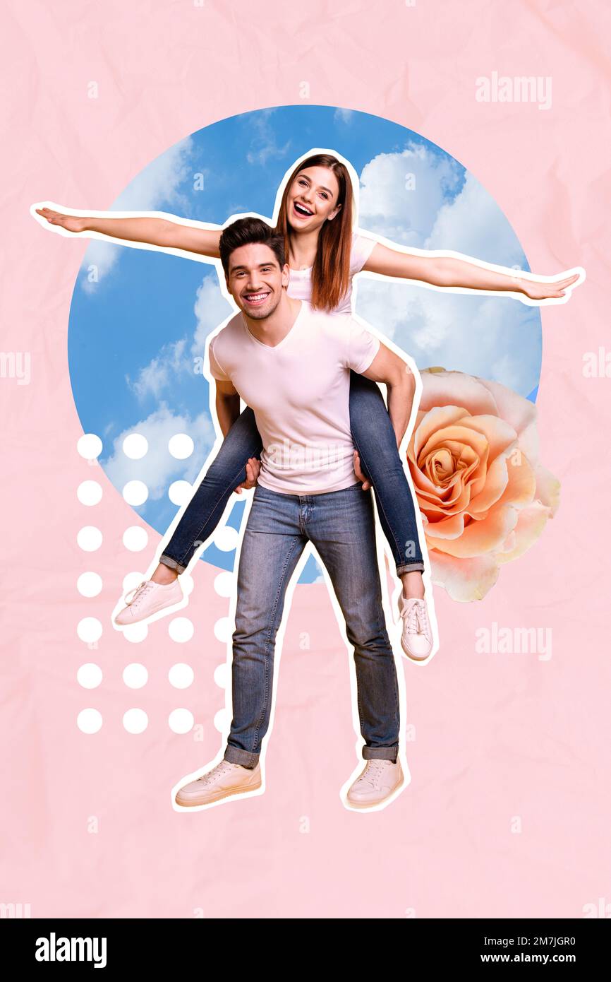 Vertical collage image of two positive lovely people piggyback have ...