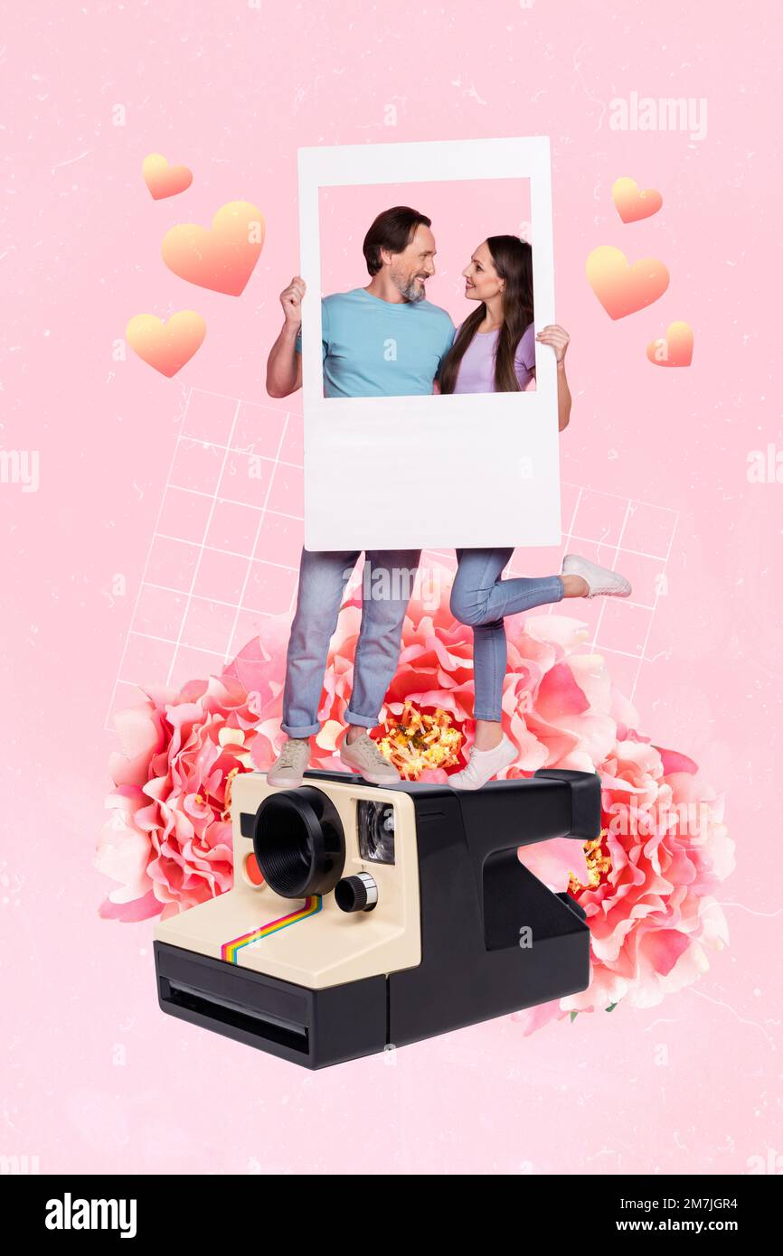 Collage photo romance concept positive couple two people hold paper ...