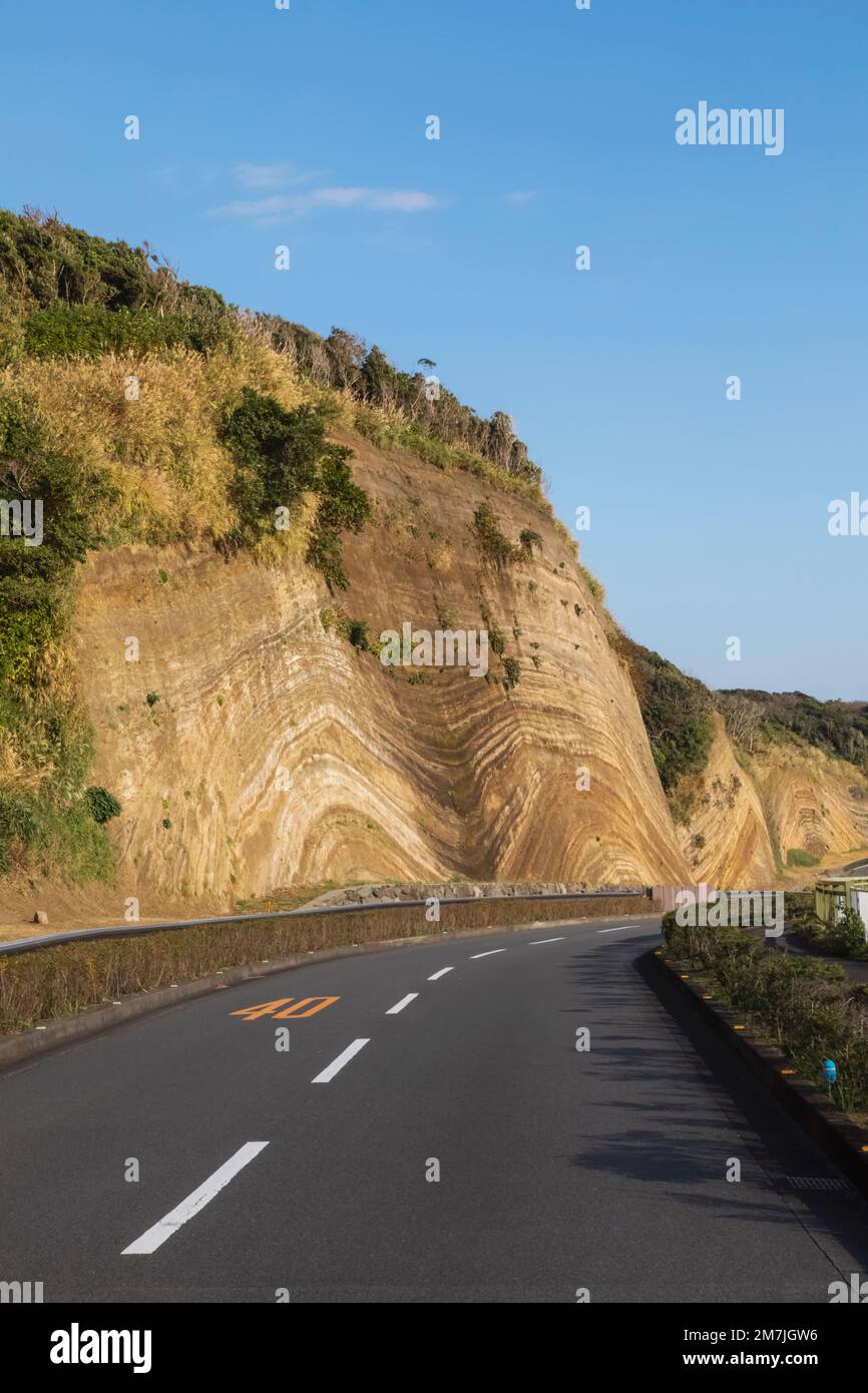 Japan, Honshu, Izu-Oshima Island, Road and Stratum Section of Cliffs ...