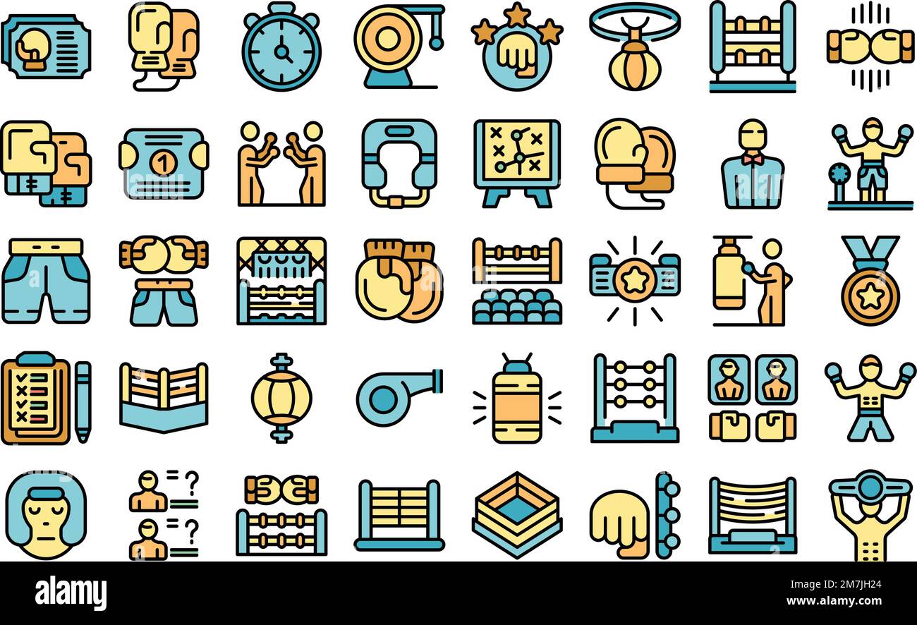 Boxing tournament icons set outline vector. Battle academy. Agression ...