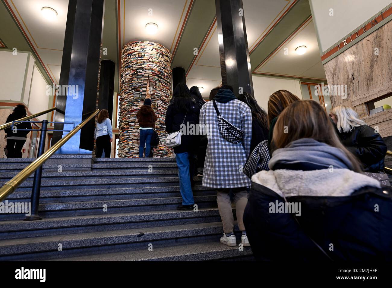 Idiom, a column made of 8,000 books in the vestibule of the Central ...