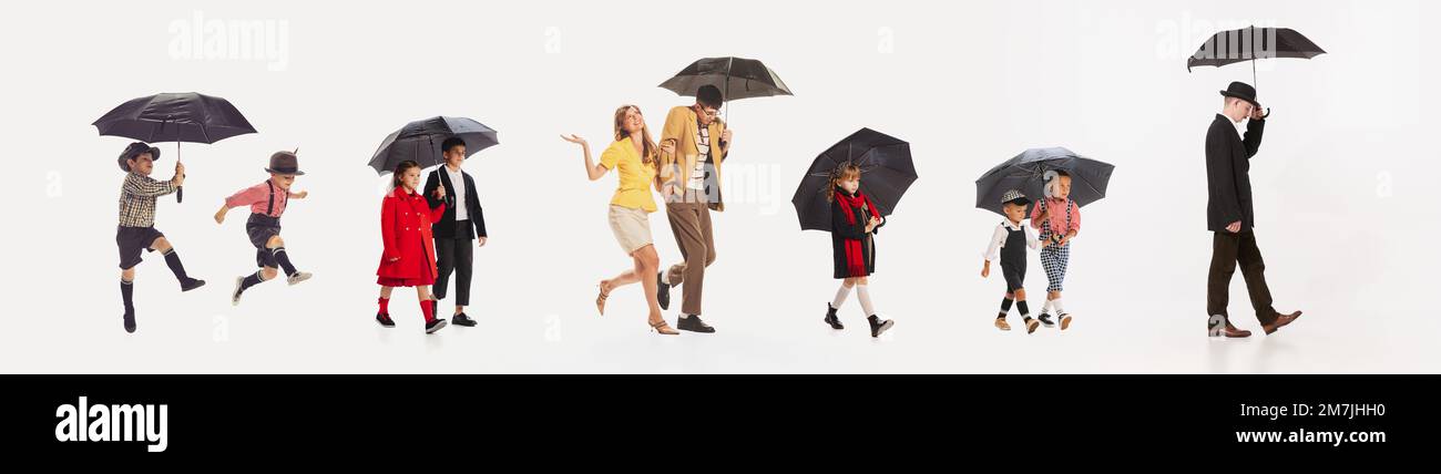People walking with umbrella. Composite image with portraits of man ...