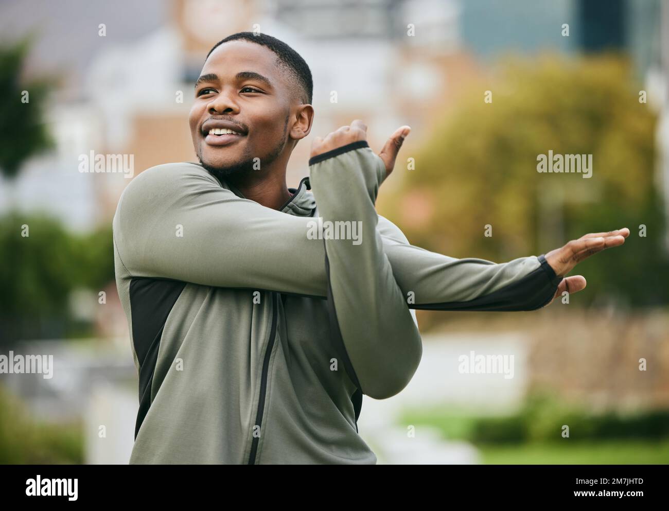 Fitness, stretching and black man in park for workout, training or ...