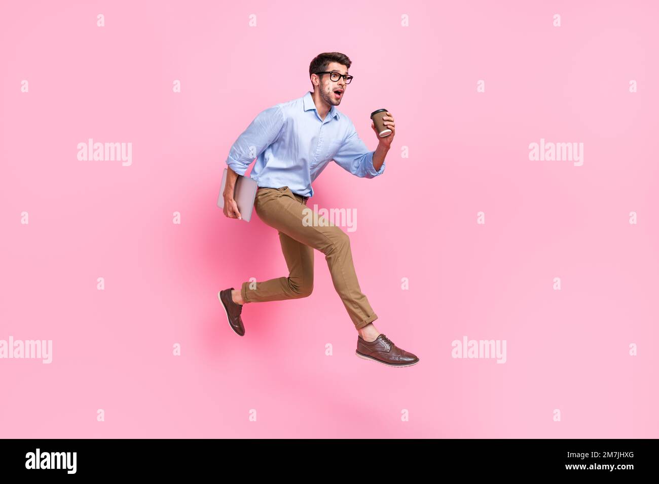 Full body size photo of jumping running overworked office manager guy ...