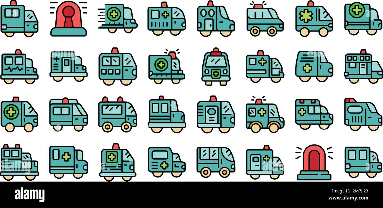 Emergency vehicles icons set outline vector. Ambulance transport. Car ...