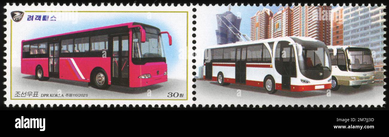 2021 North Korea stamp series. North Korean busses. Passenger bus Stock ...