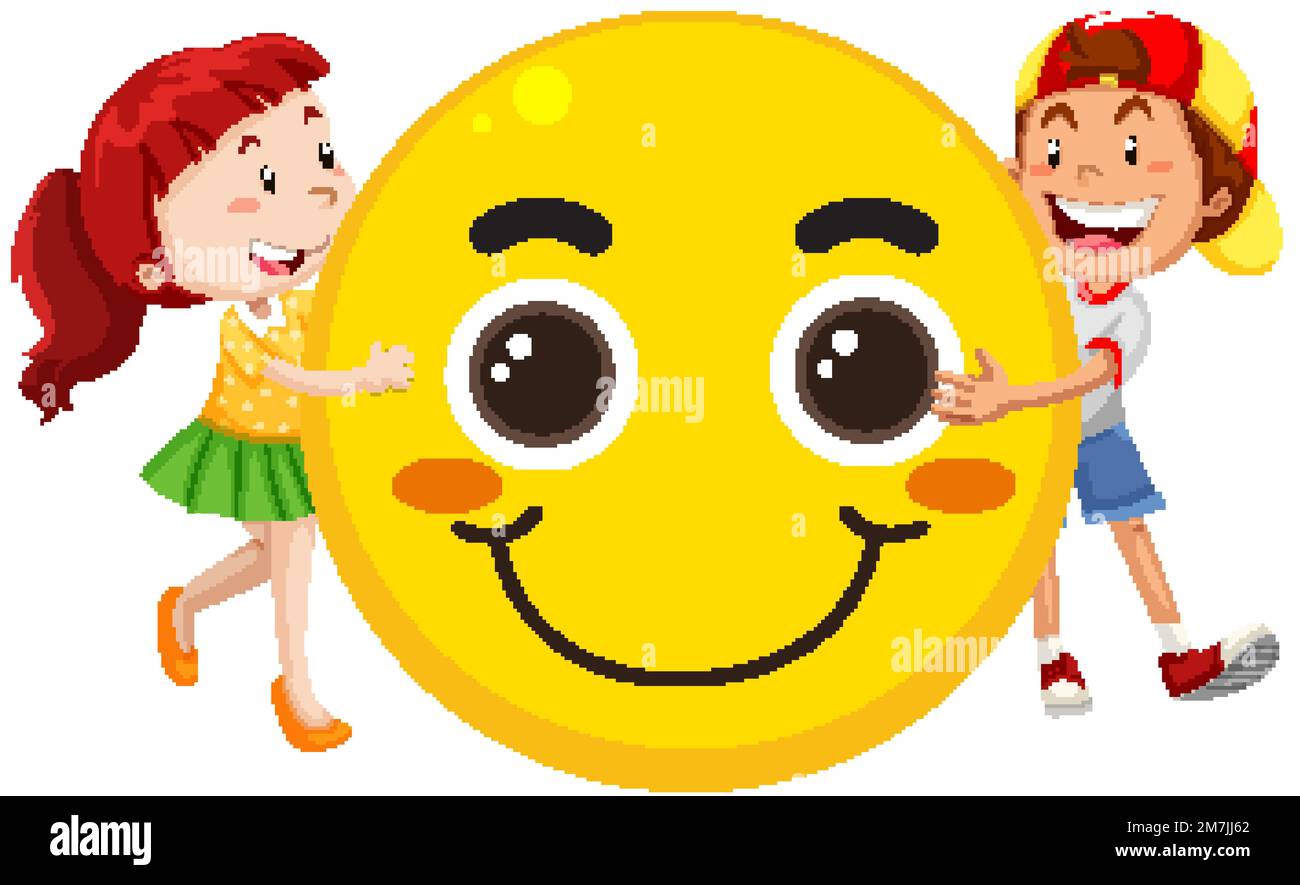 Two happy kids hugging big smile emoji illustration Stock Vector Image ...