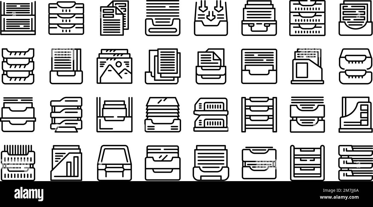 Paper tray icons set outline vector. Office rack. Storage equipment ...