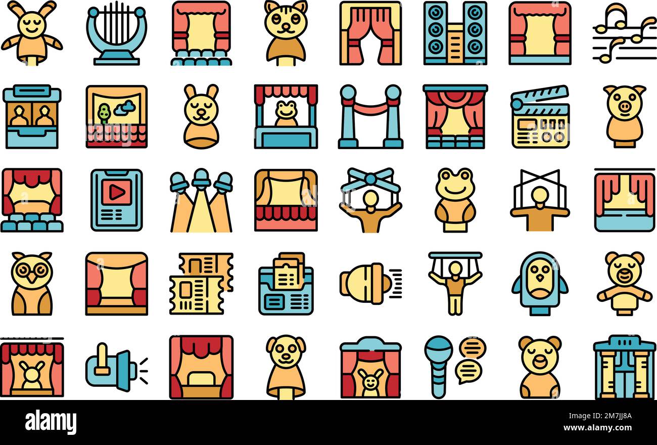 Puppet theater icons set outline vector. Doll marionette. Kid theater color flat Stock Vector ...