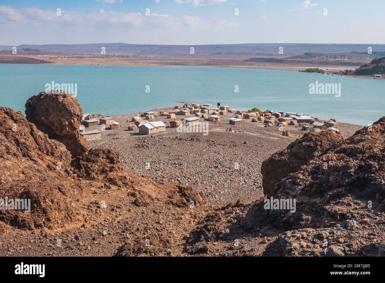Traditional houses of the El Molo people in El Molo village living at ...