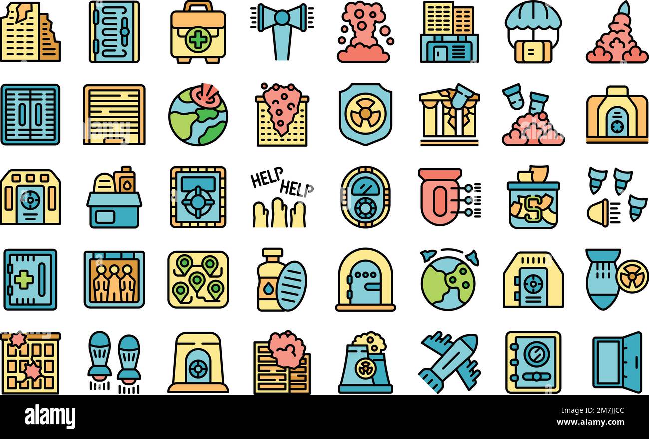 Bomb shelter icons set outline vector. Bunker bomb. Nuclear safe color ...