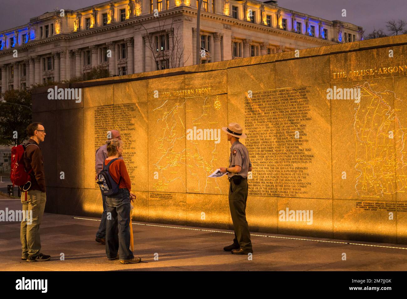War veteran guiding a small group of people, Pershing Park, a Plaza ...