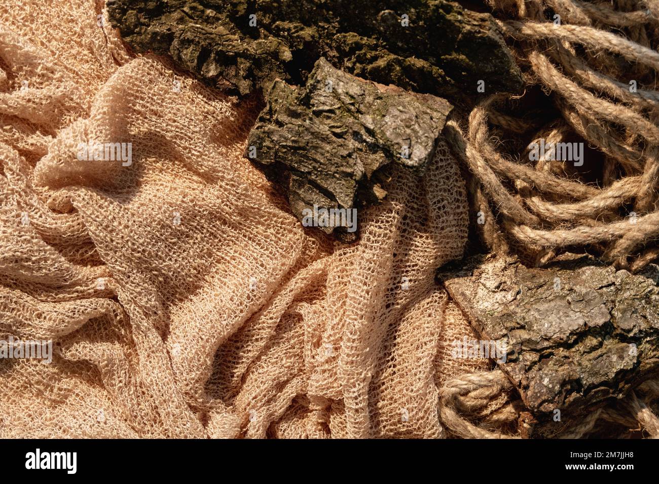 rustic display eco material wood rope sack cloth Stock Photo - Alamy