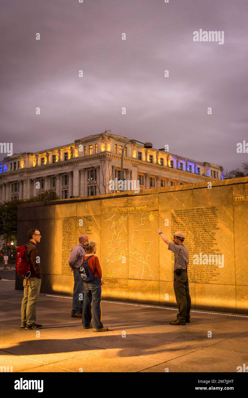 War veteran guiding a small group of people, Pershing Park, a Plaza ...