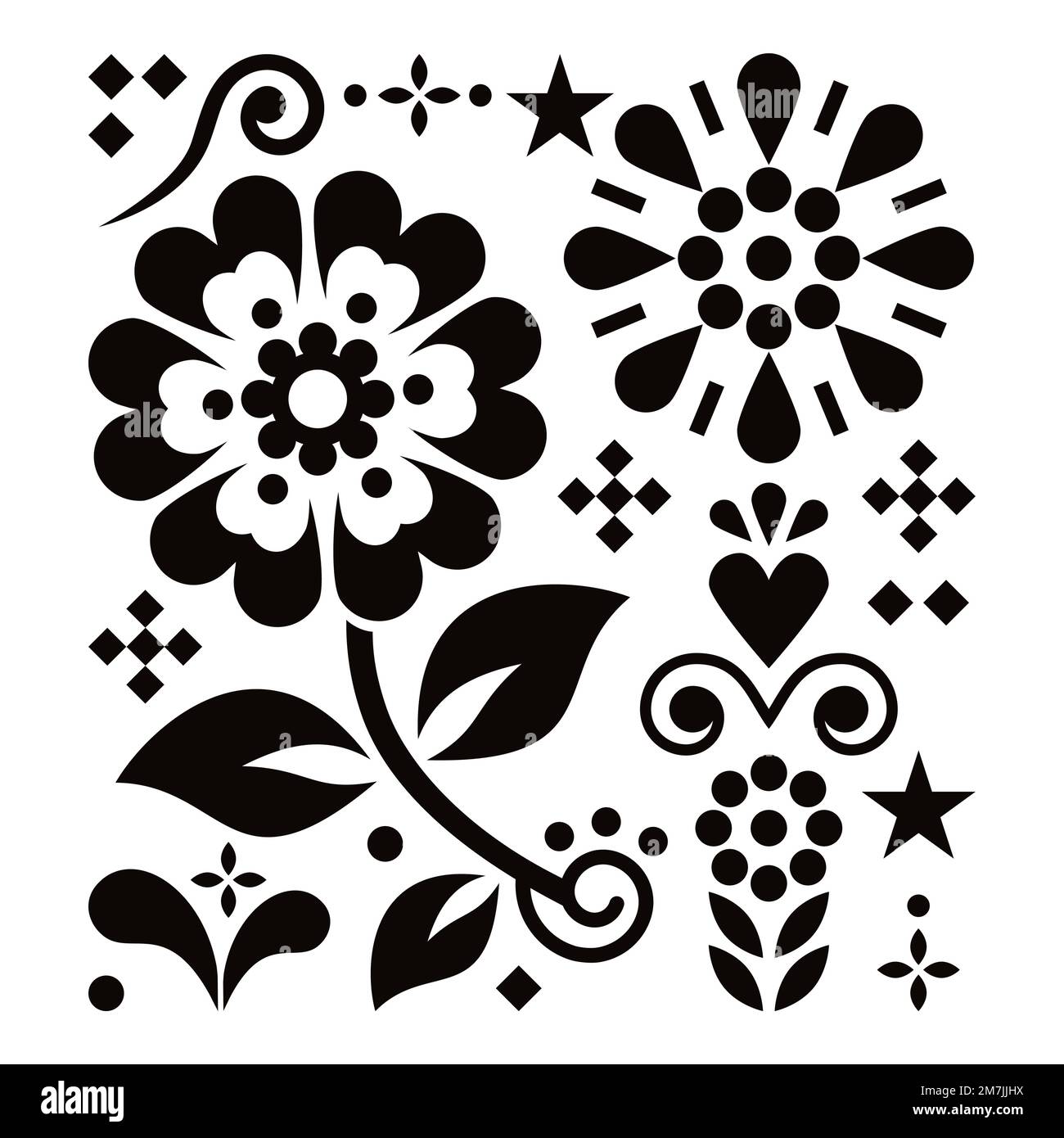 Mexican traditional folk art vector geometric pattern with flowers and ...