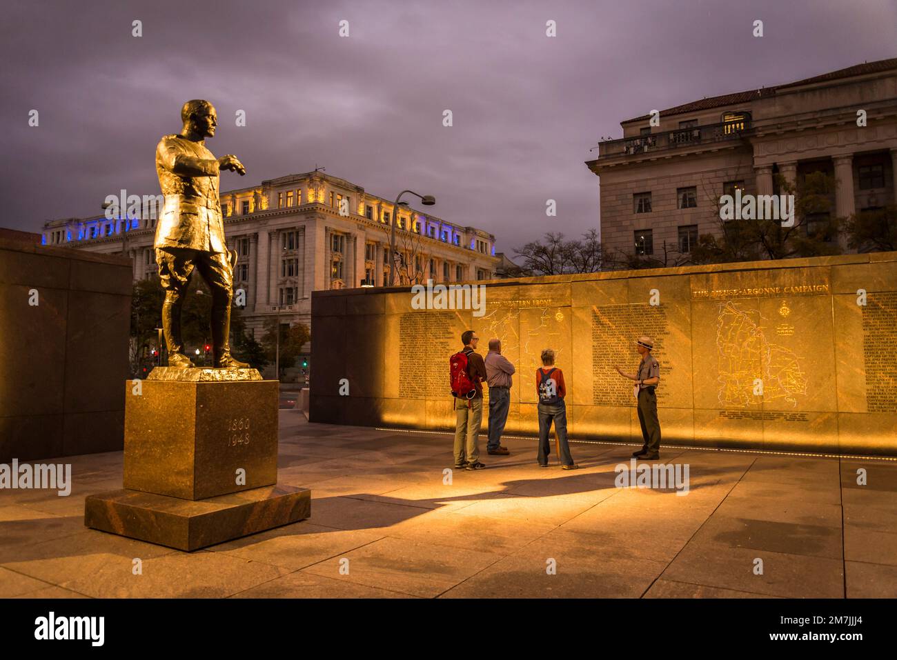 War veteran guiding a small group of people, Pershing Park, a Plaza ...