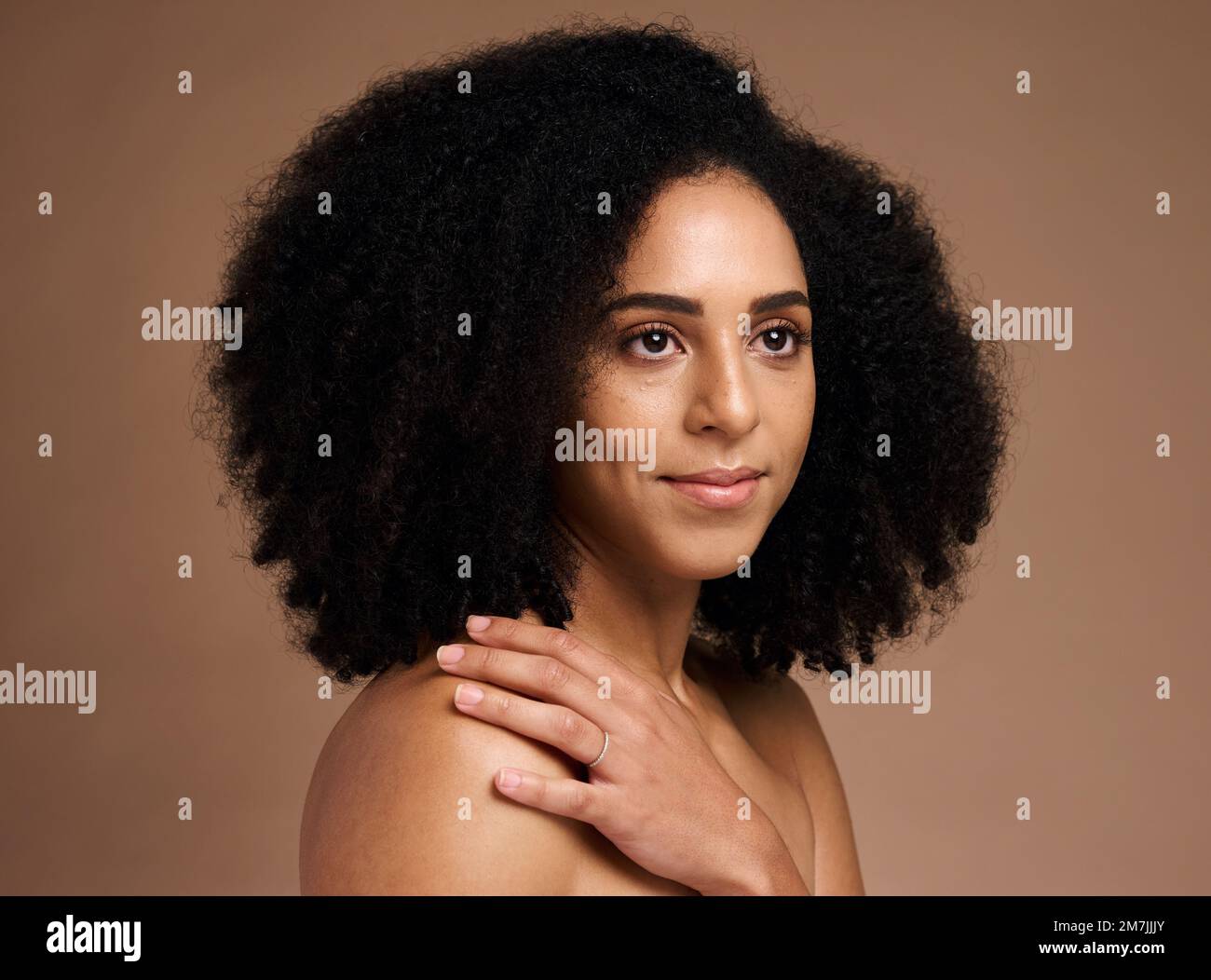 Black woman, studio and thinking with beauty, makeup and cosmetic ...