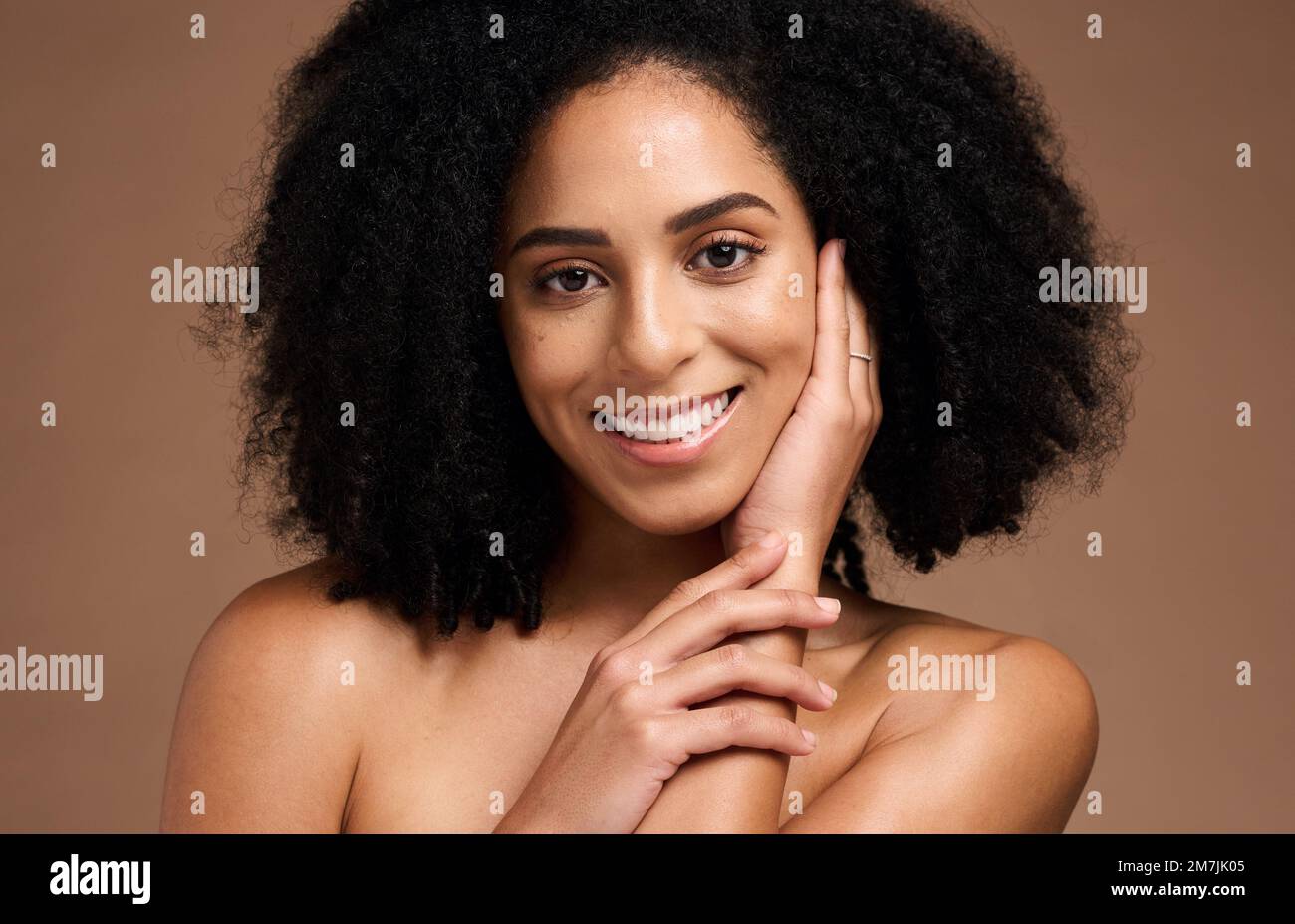 Portrait, hair and black woman with beauty and face, skincare with ...