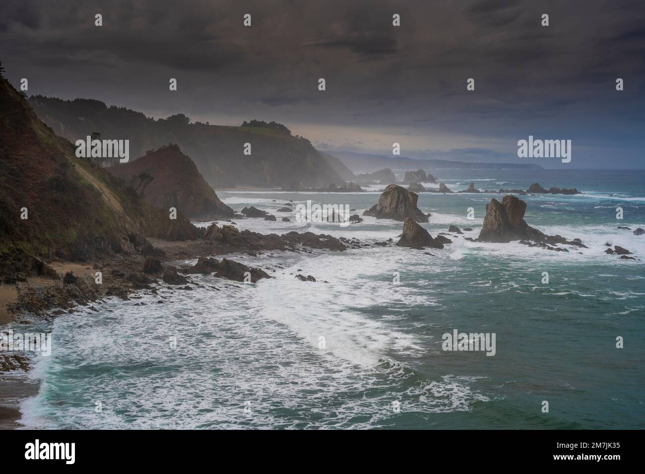 Asturian coastline in stormy weather, Playa del Silencio, Cudillero ...