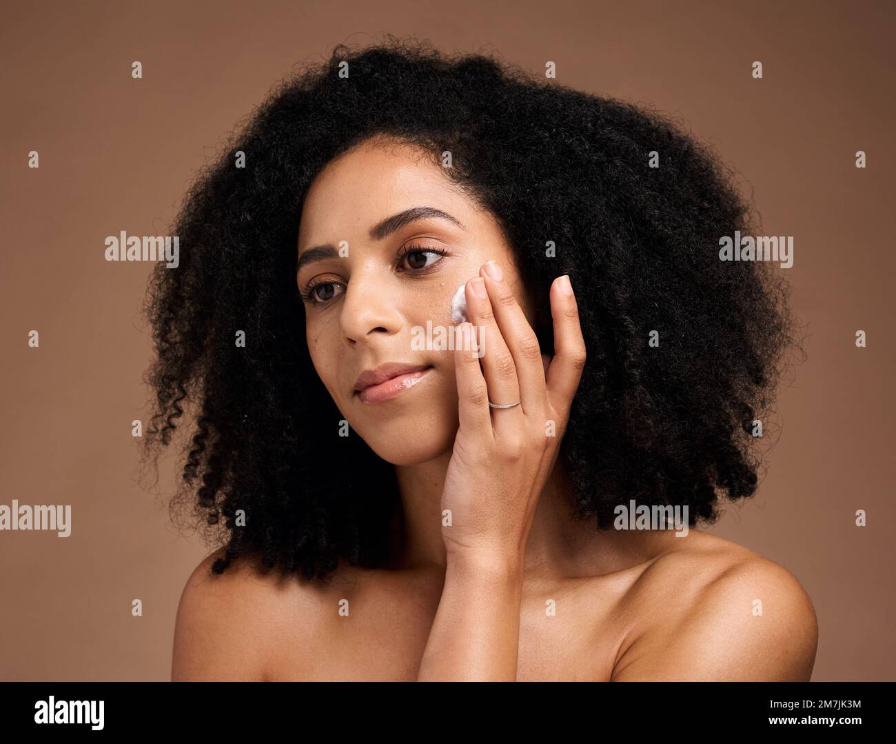 Face cream, black woman beauty for face, makeup and sunscreen product ...