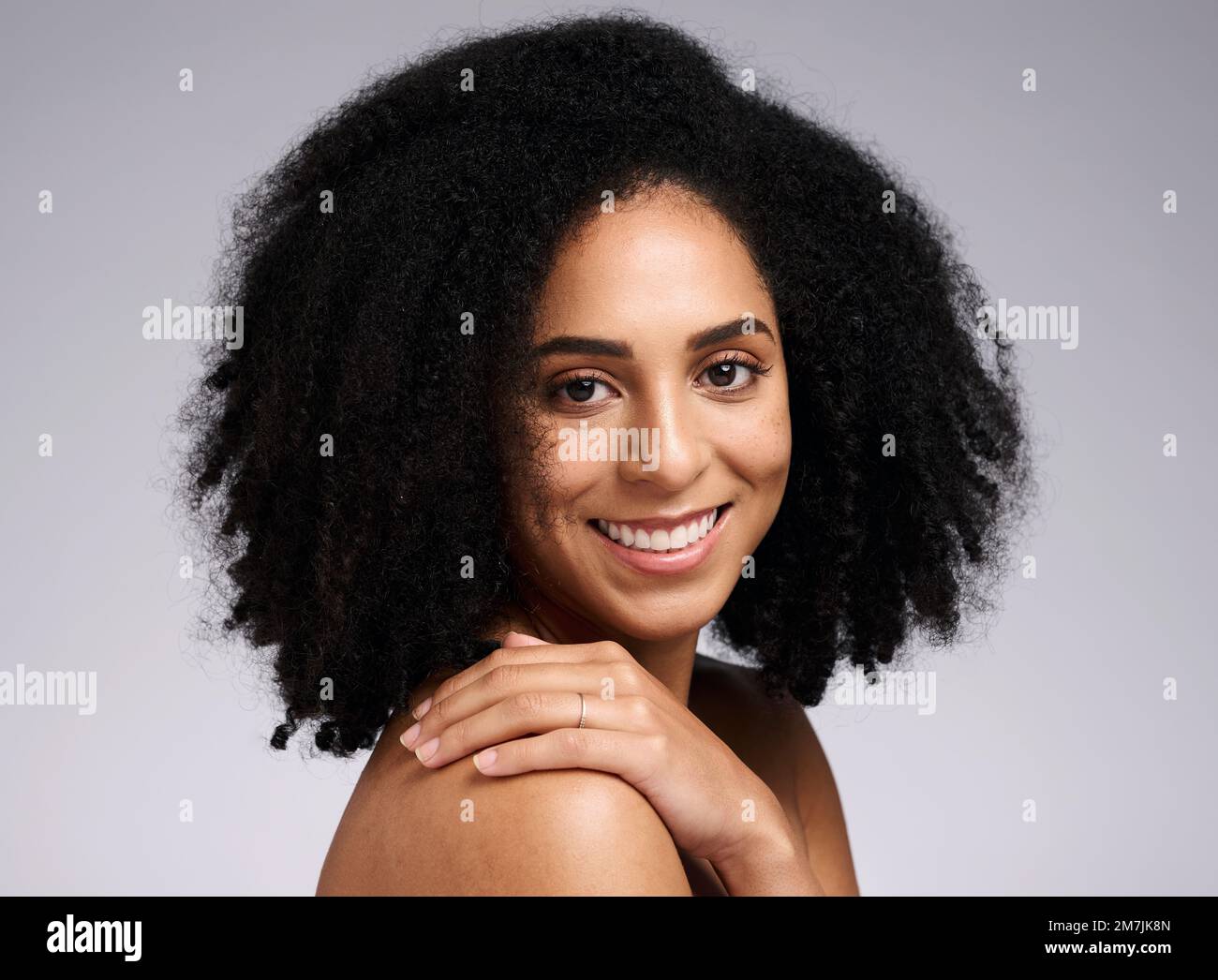 Skincare, beauty and portrait of black woman on gray background for ...