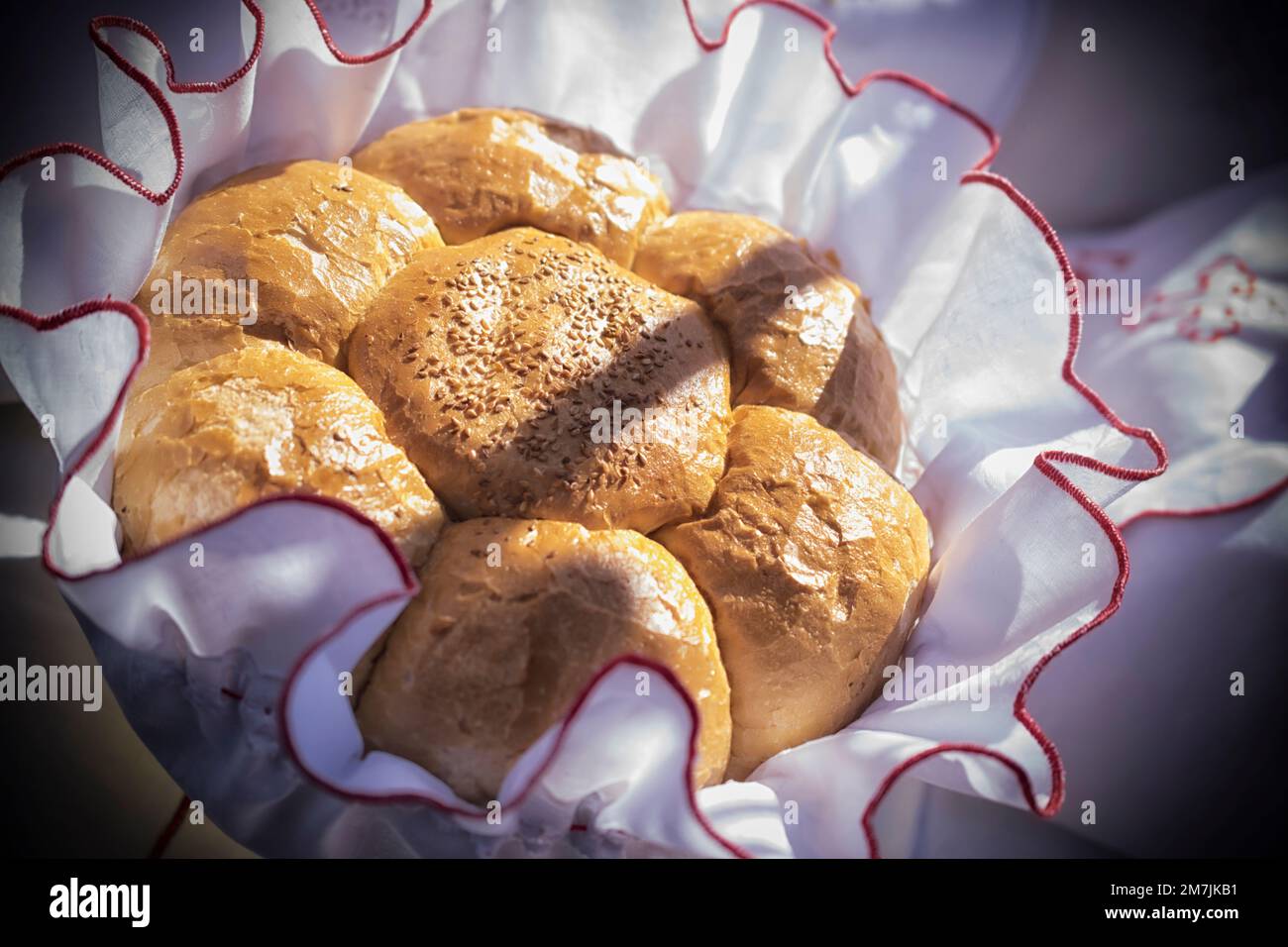 Traditional decorated bread for Orthodox celebrations packed in white ...