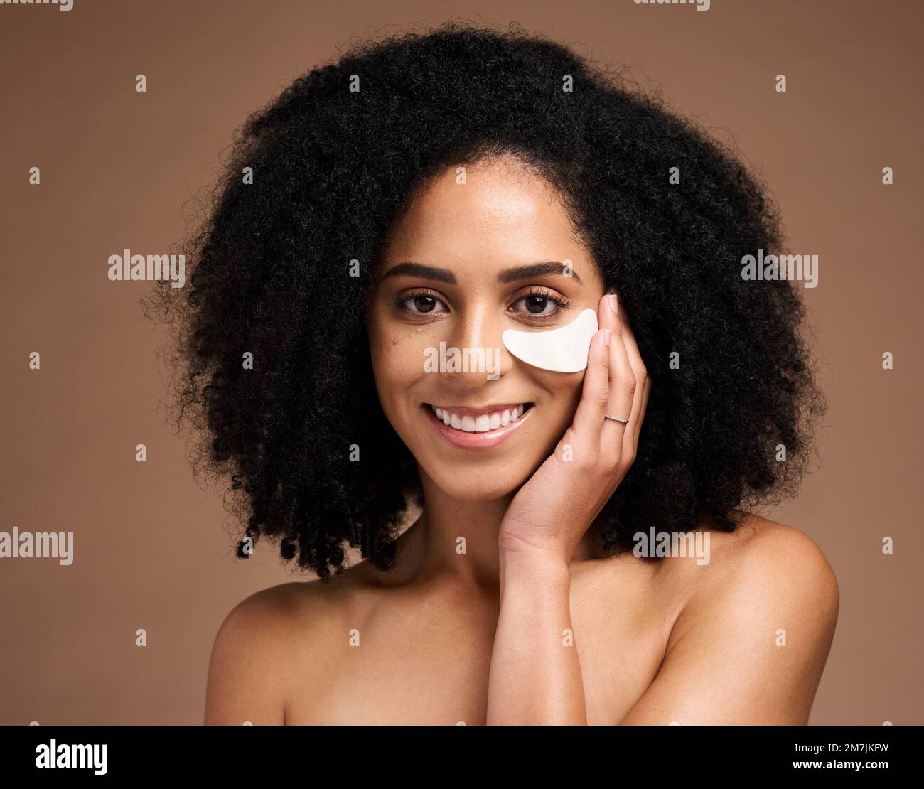 Beauty, skincare and eye mask with face of black woman for facial ...
