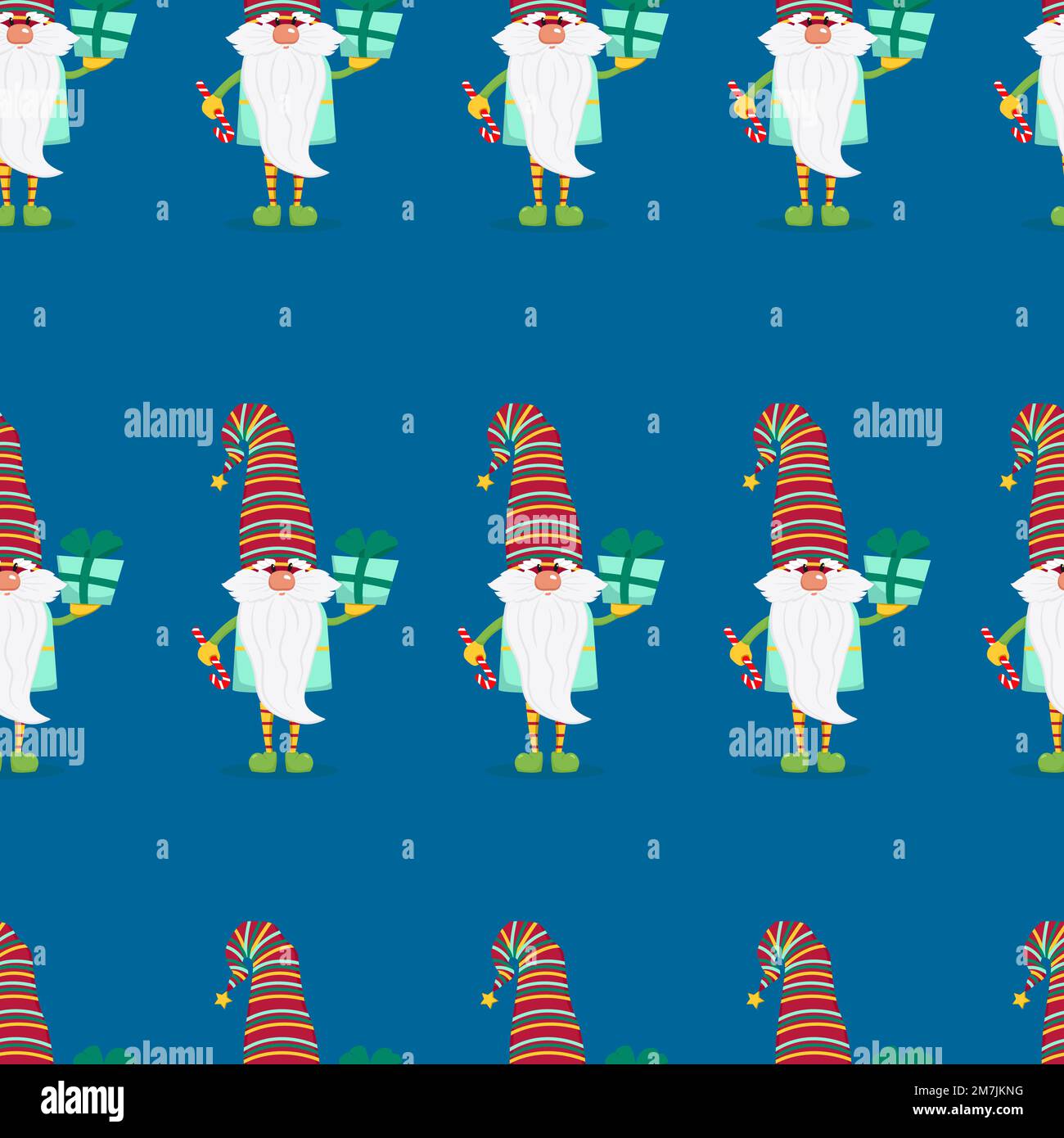 Funny gnomes with gifts seamless pattern. Cheerful gnomes in hats ...