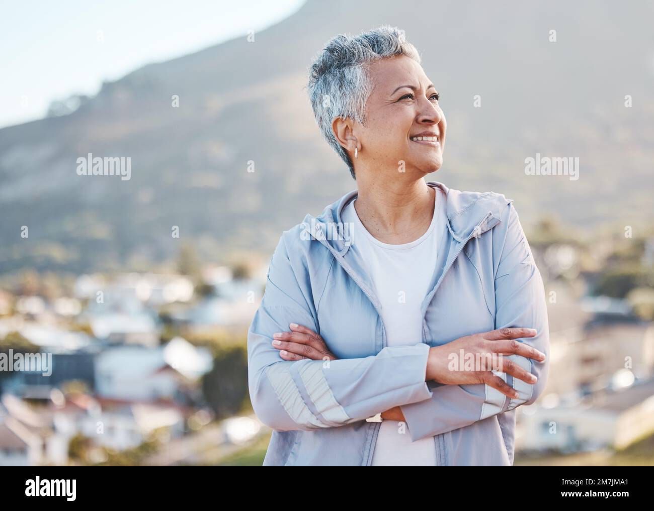 Elderly woman, thinking and outdoor fitness exercise for calm vision ...