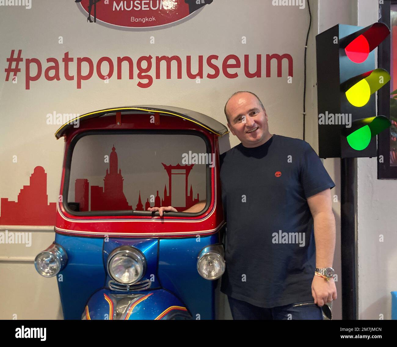 Bangkok, Thailand. 22nd Feb, 2022. Michael Messner at the entrance to his Patpong Museum. The ...
