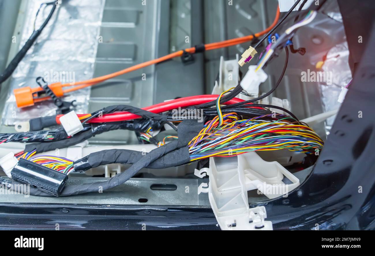 Large wide cable with wires and connectors and terminals in the wiring ...