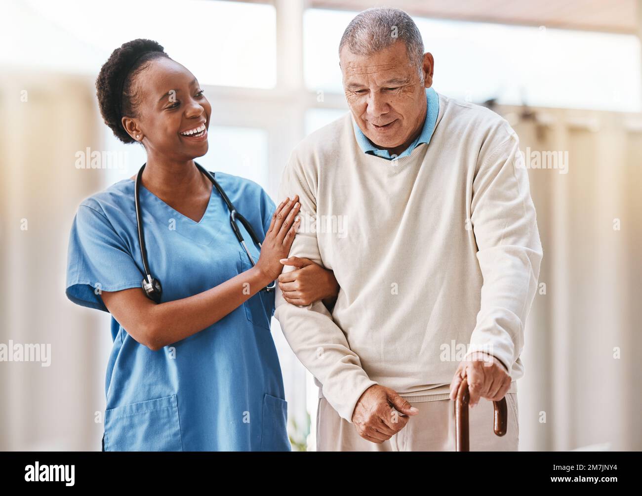 Help Support And Medical With Nurse And Old Man And Cane For